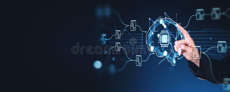 Man Finger Touch AI Document Management System Hologram, Copy Space ...