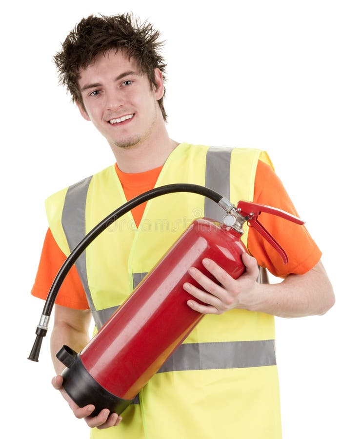 Man with a Fire Extinguisher Stock Image - Image of training, white ...