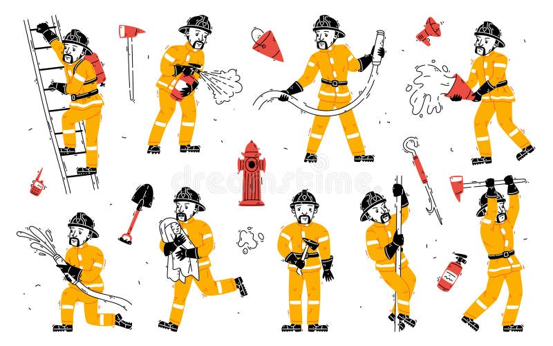 Man Firefighter Character in Helmet and Uniform Working Vector Set ...