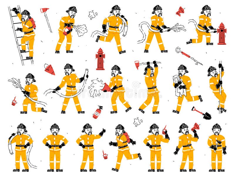 Man Firefighter Character in Helmet and Uniform Working Vector Set ...