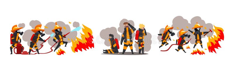 Man Firefighter Character in Uniform with Firefighting Equipment Vector ...