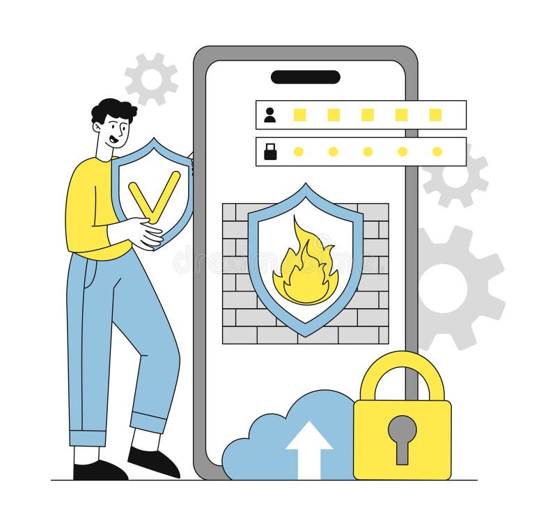 Man with Firewall. Young Arena with Shield in Hands Near Screen of Huge ...