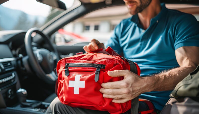 Man with First Aid Kit Inside Car, Closeup Stock Illustration ...