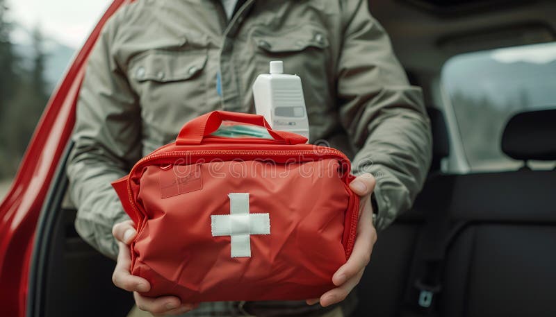 Man with First Aid Kit Inside Car, Closeup Stock Illustration ...