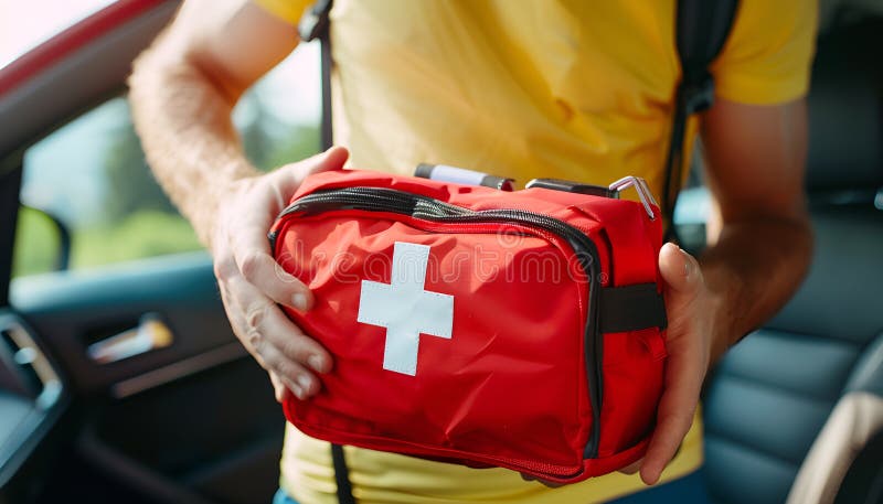 Man with First Aid Kit Inside Car, Closeup Stock Illustration ...