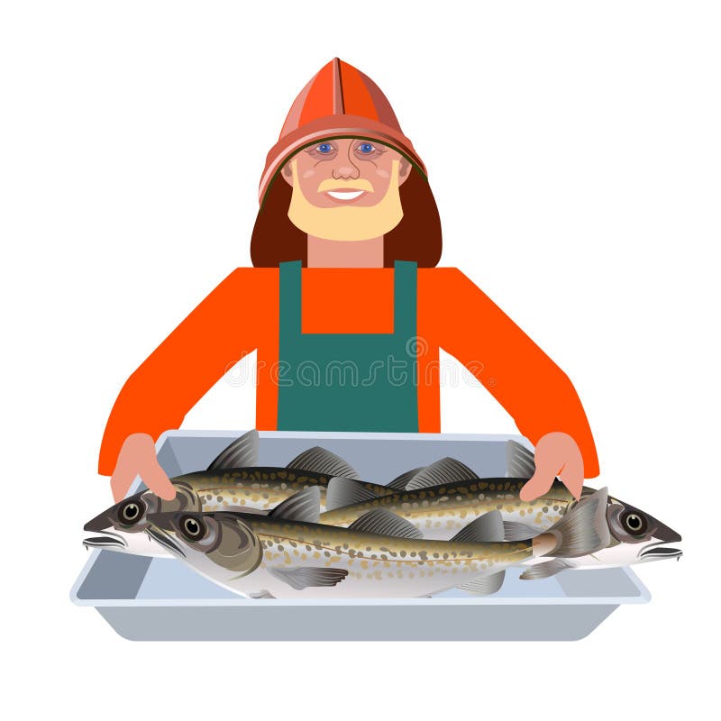 Man with fish container stock vector. Illustration of apron - 134338583