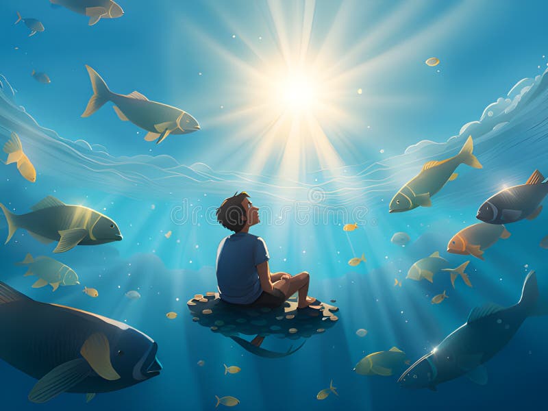 Man with Fish in the Ocean. Illustration Stock Illustration ...