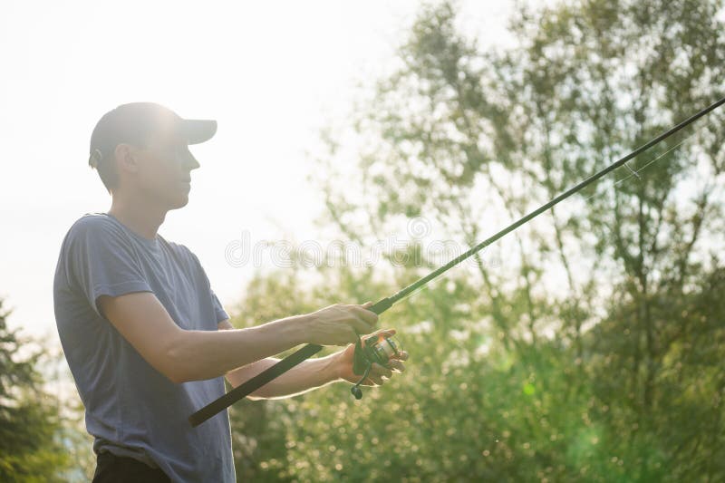 Man Fishing on the Mountain River at Evening Stock Photo - Image of ...