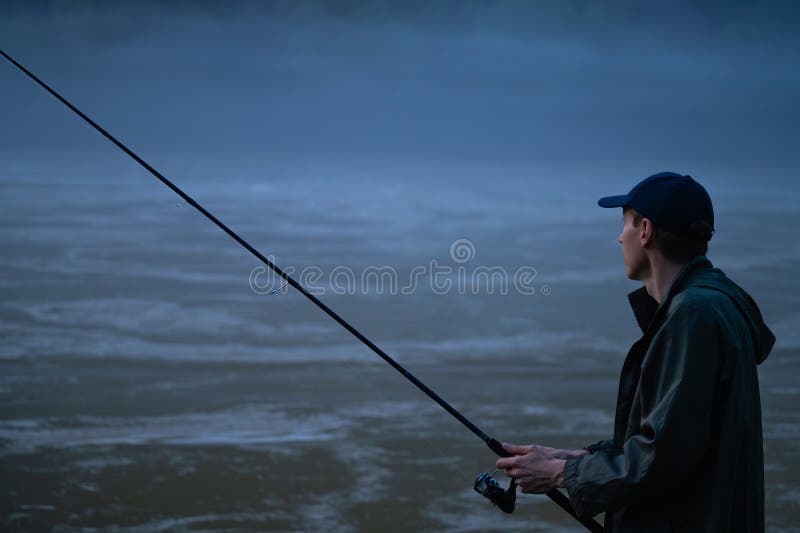 Man Fishing on the Mountain River at Evening Stock Photo - Image of ...