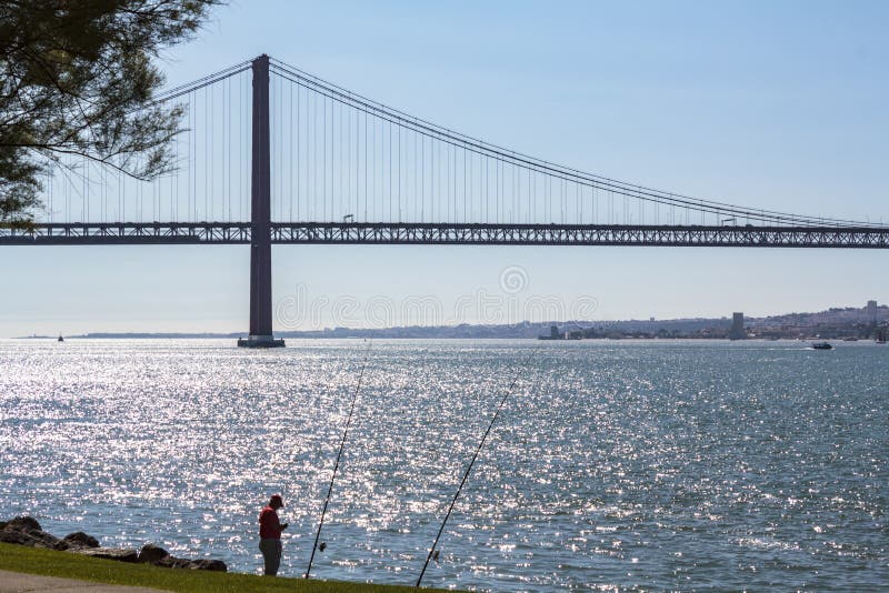 Man Fishing in the River with Suspended Bridge in the Background ...