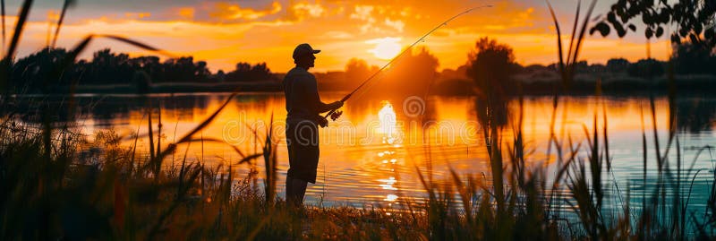A Man Fishing in the Sunset Stock Photo - Image of grass, nature: 324401222