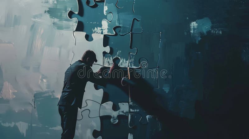 Man Fitting Puzzle Piece into Large Wall Puzzle. Concept of Finding ...