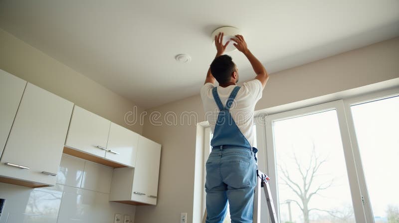 Man Fixing a Ceiling Light Fixture in a Modern Home Setting Stock ...