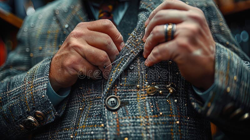 A Man is Fixing His Jacket with a Needle and Thread Stock Photo - Image ...