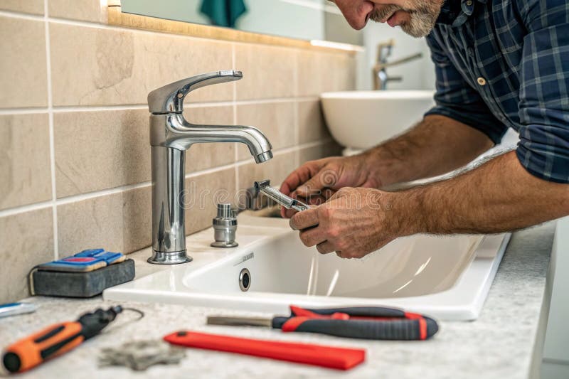 Man Fixing Sink in Bathroom. Image Created with AI Stock Illustration ...