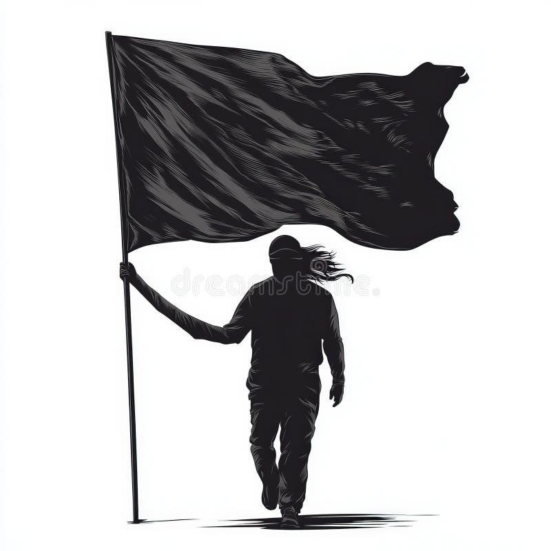Man with Flag Silhouette , Black and White Illustration Isolated on ...