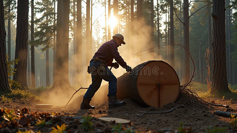 Man Cutting Large Tree Log in Forest with Sawdust Stock Illustration ...