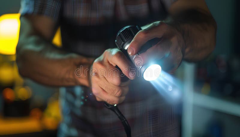 Man with Flashlight Fixing System Unit Indoors, Closeup Stock Photo ...