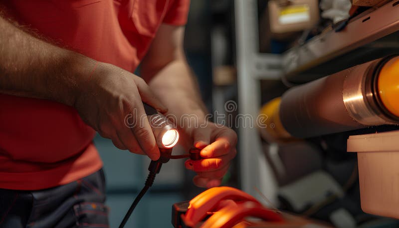 Man with Flashlight Fixing System Unit Indoors, Closeup Stock Photo ...