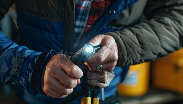 Man with Flashlight Fixing System Unit Indoors, Closeup Stock Image ...
