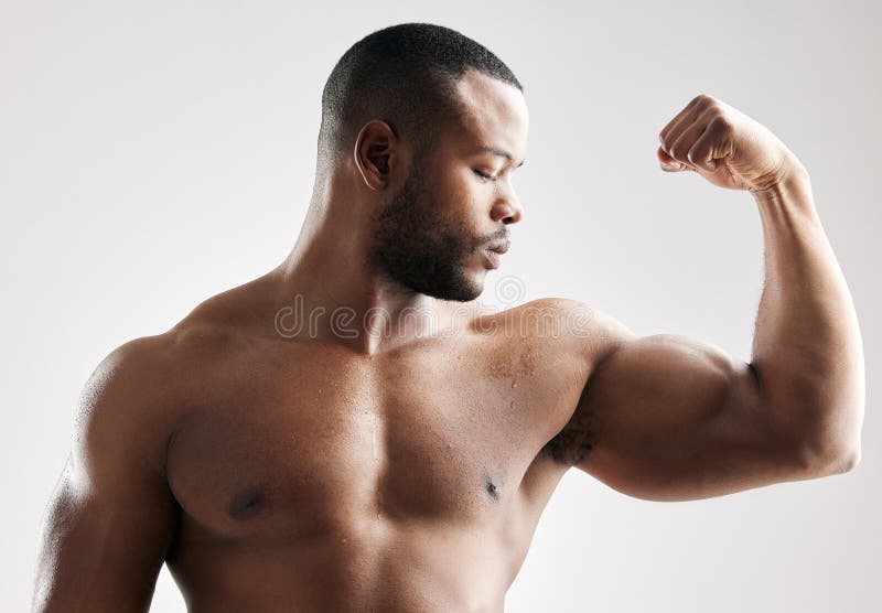 Man, Flexing and Muscle Thinking in Studio, Strong and Confident or ...