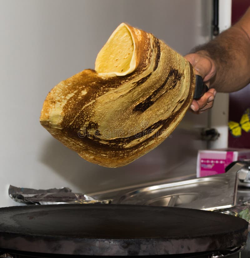 Man Flipping Pancake Oven the Pan Stock Image - Image of batter, hand ...