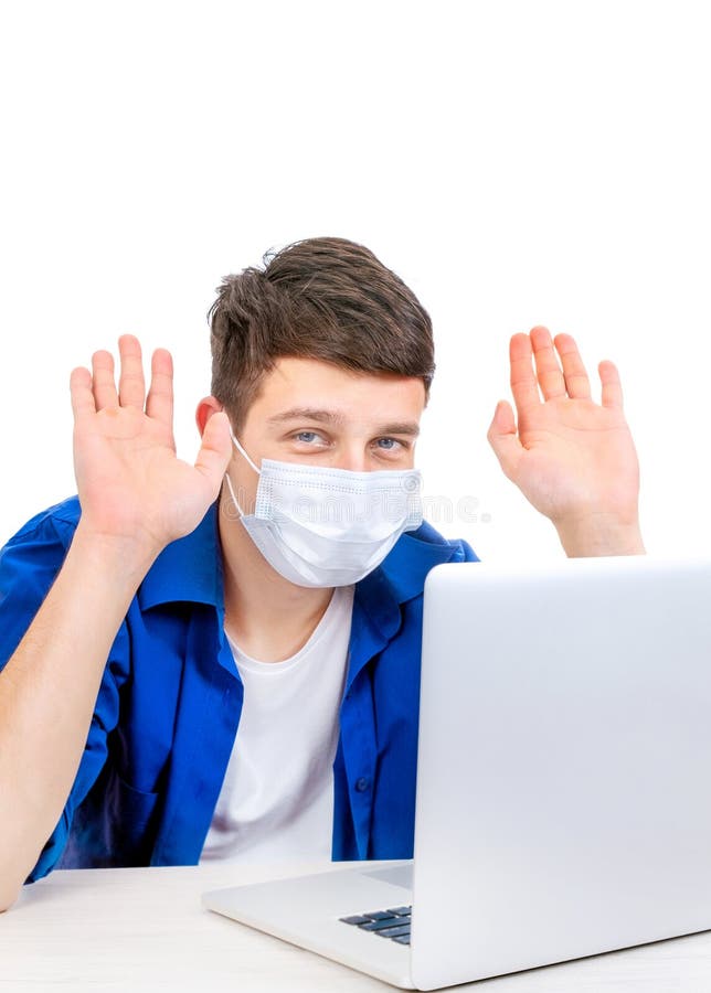 Man in Flu Mask and Laptop stock image. Image of chat - 351375135
