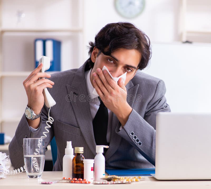 Man with Flu Working in the Office Stock Image - Image of sick ...