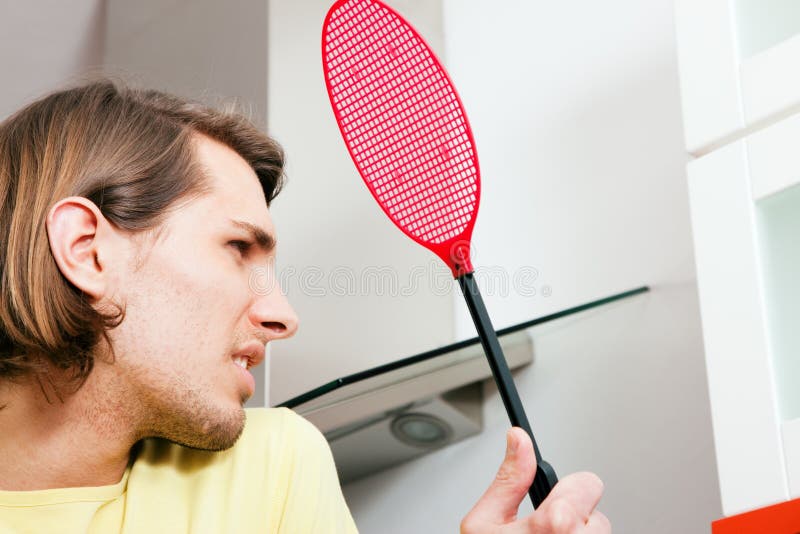 Man with a fly swat stock image. Image of flyswatter - 12399581