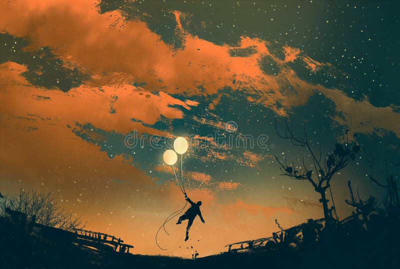 Man Flying with Balloon Lights at Sunset Stock Illustration ...