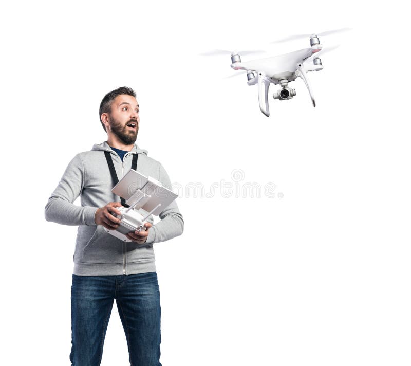Man with Flying Drone. Studio Shot on White Background, Isolated Stock ...