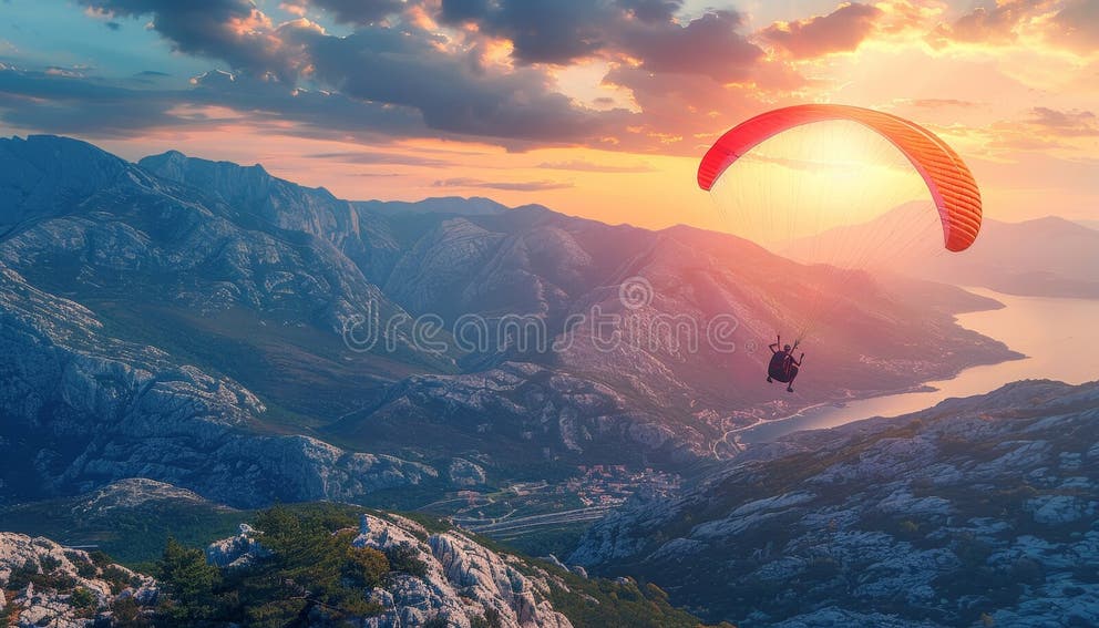 A Man is Flying a Parachute Over a Mountain Range by AI Generated Image ...