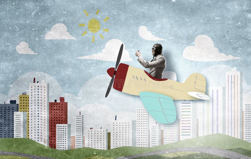 Man Flying in Retro Plane. Mixed Media Stock Photo - Image of uniform ...