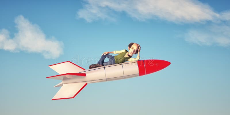 Old Man Flying on a Rocket. Start Up and Project Launch Concept Stock ...