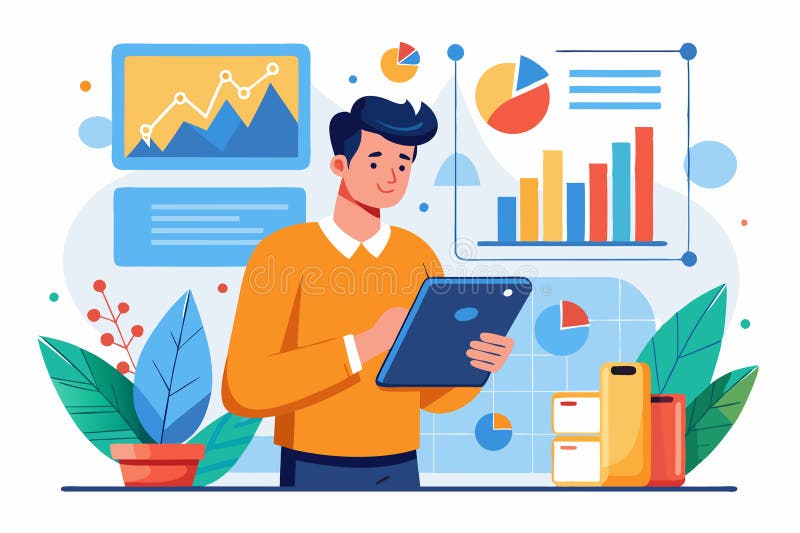 A Man is Focused on Analyzing Colorful Infographics and Bar Charts ...