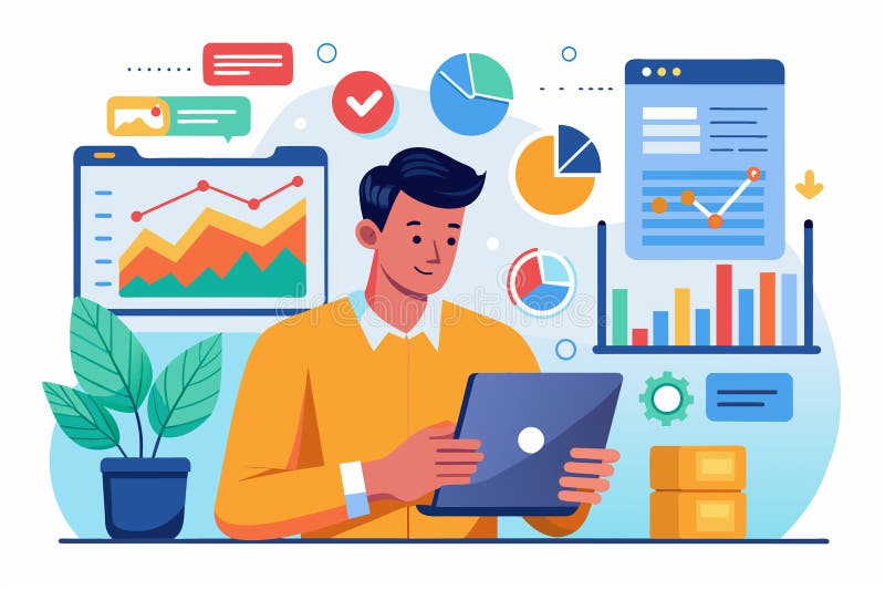 A Man is Focused on Analyzing Infographics and Bar Charts Using a ...