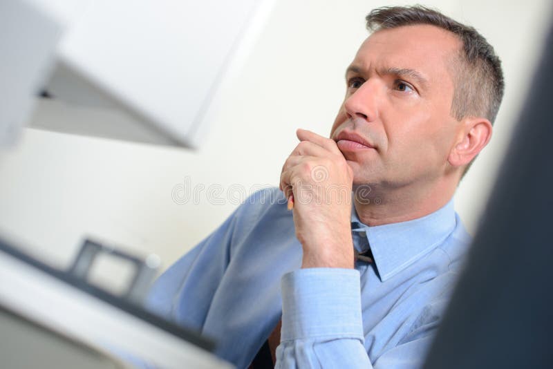 Man Focused on Computer Screen Stock Photo - Image of work ...
