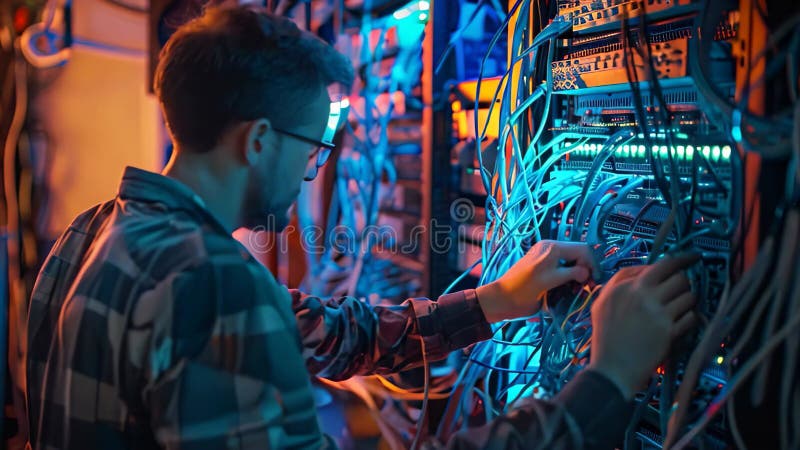 A Man Focused on a Computer Screen while Working in a Server Room ...