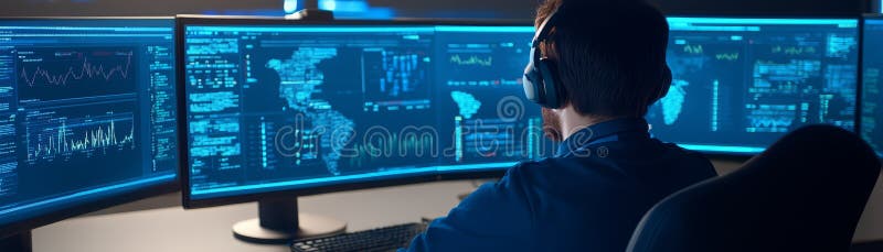 Focused Man Working on Computer Coding Design or Digital Task in Office Setting Stock ...