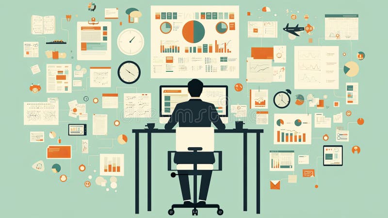 Man Focused in a Desk Work Environment Surrounded by Analytical Data ...