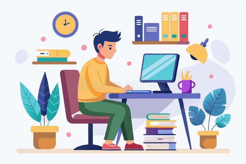 A Man Focused on His Computer for Online Learning while Surrounded by ...