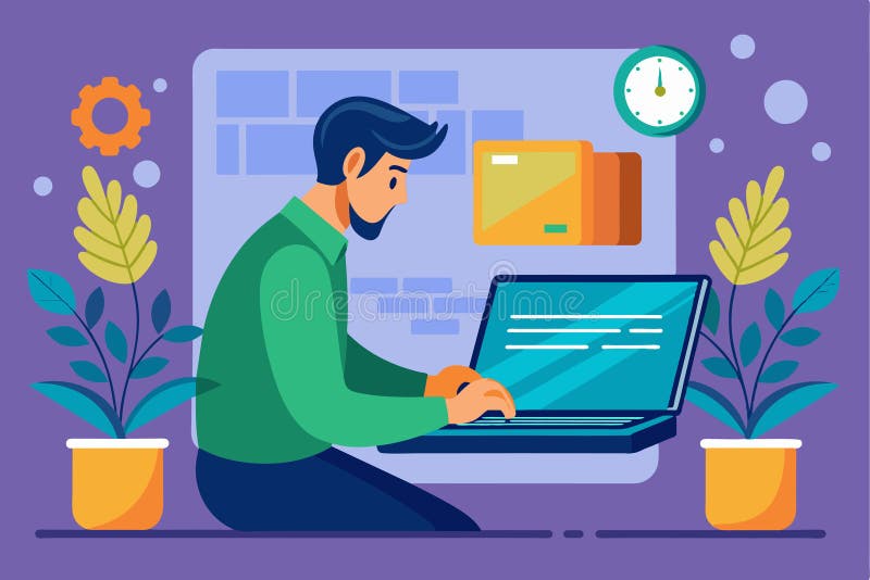 A Man is Focused on the Loading Screen of His Laptop in a Bright Office ...