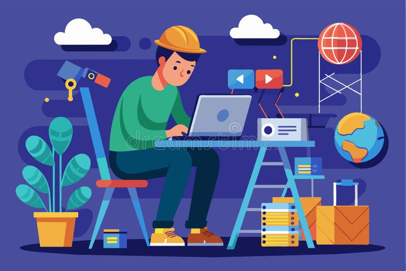 A Man Focused on Repairing the Internet Network Sits at His Desk ...