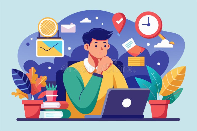 A Man is Focused on Tasks at His Desk with Plants and Reminders Around ...