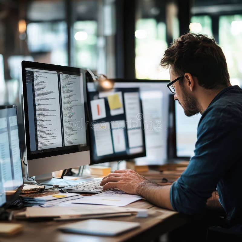 Man Focused on Working at a Computer Desk with Documents and a Coffee ...