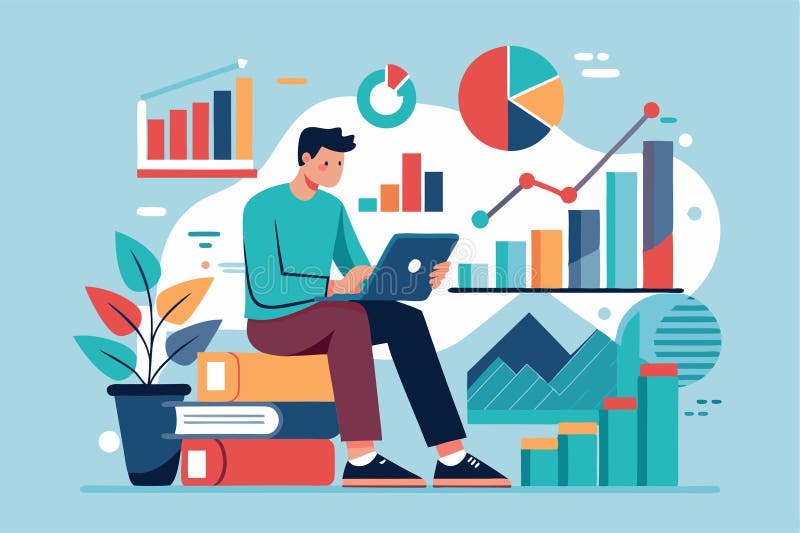 A Man Focuses on Analyzing Data on a Tablet, Surrounded by Colorful ...