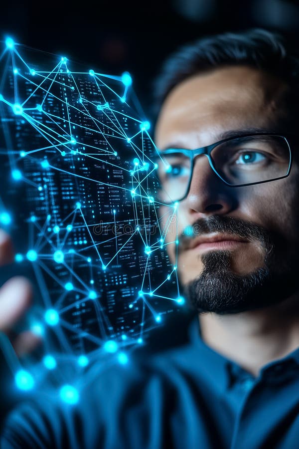 The Man Focuses Intently on Glowing Data Patterns while Navigating ...
