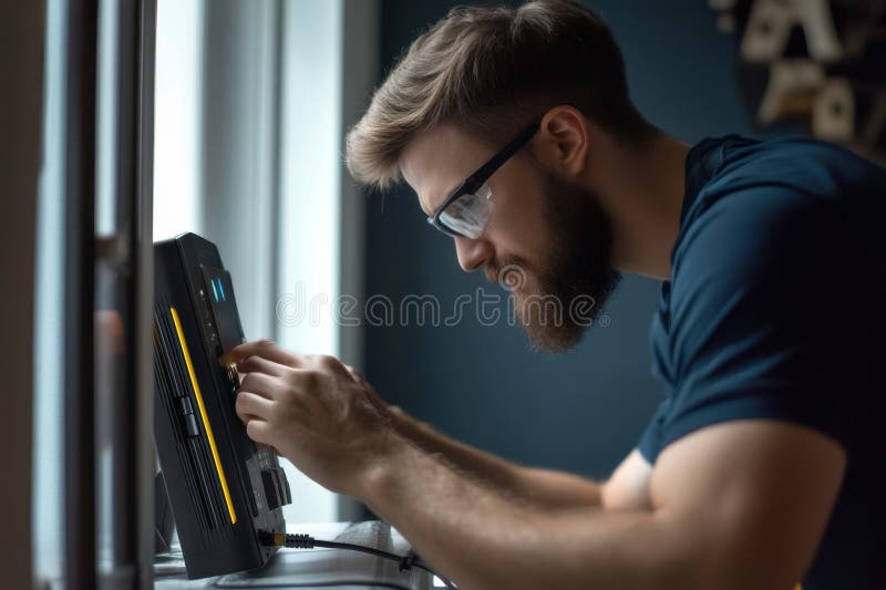 Man Focusing on a Device while Adjusting Components in a Modern ...