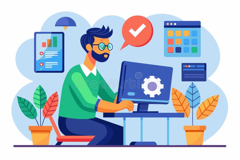 A Man is Focusing on Updating Software on His Computer while Surrounded ...