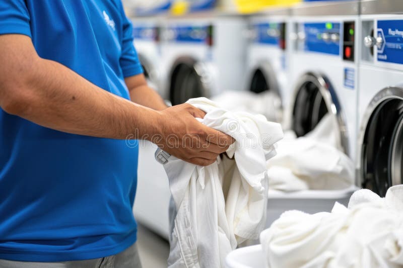Man Folding Laundry in Laundromat: Everyday Chores and Clean Clothes ...